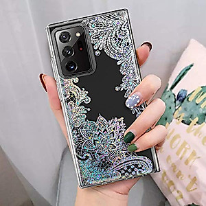 Coolwee Clear Glitter for Note 20 Ultra Case Thin Flower Slim Crystal Lace Bling Women Girls Floral Plastic Hard Back Soft TPU Bumper Protective Cover for Samsung Galaxy Note 20 Ultra Mandala Henna