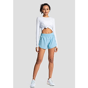 Soothfeel Womens Running Shorts with Zipper Pockets High Waisted Athletic Gym Workout Shorts for Women with Liner Light Blue