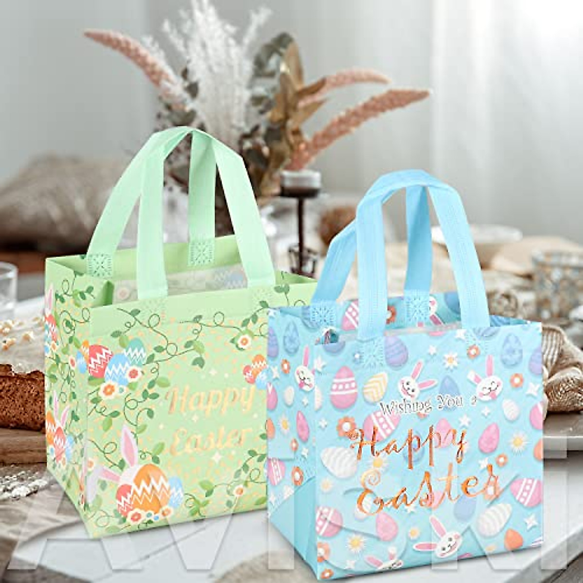 6PCS Happy Easter Egg Hunt Bags Bunny Carrot Chick Metallic Printing Gift with Handles, Treat Bags, Multifunctional Non-Woven for Gifts Wrapping, Party Supplies , 8.3×7.9×5.9inch