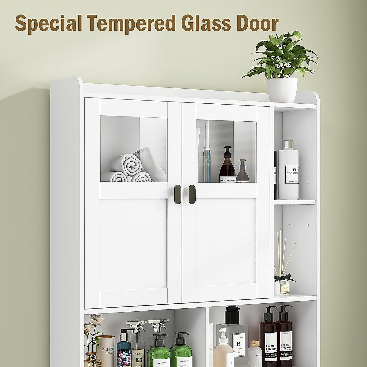 Vabches Over The Toilet Storage Cabinet, Bathroom Shelf Over Toilet with Glass Doors and Adjustable Shelves, White Freestanding Home Space Save Toilet Rack, for Restroom, Bathroom, Laundry