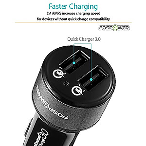 FosPower USB Car Charger UL Listed 36W Fast Charging Qualcomm 3.0 Quick Charge Dual USB Smart Ports with LED Light Compatible with iPhone 14 Pro Max, Google Pixel 6, Samsung Galaxy S22, and More
