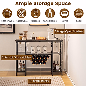 COSTWAY Wine Bar Cabinet, 3-Tier Home Mini Bar for Liquor w/Power Outlets, Glass Holder, Wine Rack, Anti-Tipping Kit, Metal Coffee Bar Table for Home Apartment Kitchen Living Room Pub (Black & Grey)