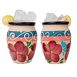 Cantaritos de Barro Jarritos Mexicanos - Set of 2 Authentic Mexican Glazed Clay Mugs 14 Oz For Drink Margaritas & Tequila Special For Taco Tuesda & Mexican Parties (Navy Blue Rim Flowers Desing)