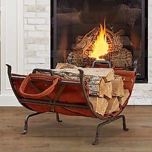 Uniflame Olde World Iron Firewood Log Holder with Suede Leather Carrier