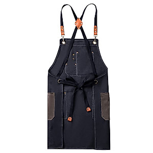 MYLTW Adjustable Chef Apron for Women Men,Waterdrop Oil Resistant Cooking Kitchen Work Gardening Aprons with Large Pockets,Canvas