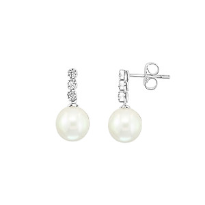 14K White Gold 0.09ctw Diamond & 8mm-8.5mm AAAA Round White Freshwater Cultured Pearl Stacked Bezels Drop Stud Earrings (G-H Color, SI2-I1 Clarity)
