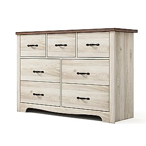 LINSY HOME 7 Drawer Double Dresser, SGS Certified Dresser for Bedroom, Farmhouse Dresser Chest with Wide Drawers, Wood Storage Chest of Drawers for Living Room