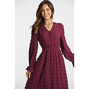MASCOMODA Women Boho Maxi Dress 2023 Long Sleeve V Neck Swiss Dot Smocked High Waisted Button A-Line Ruffle Tiered Fall Long Dress(Medium, Wine Red)