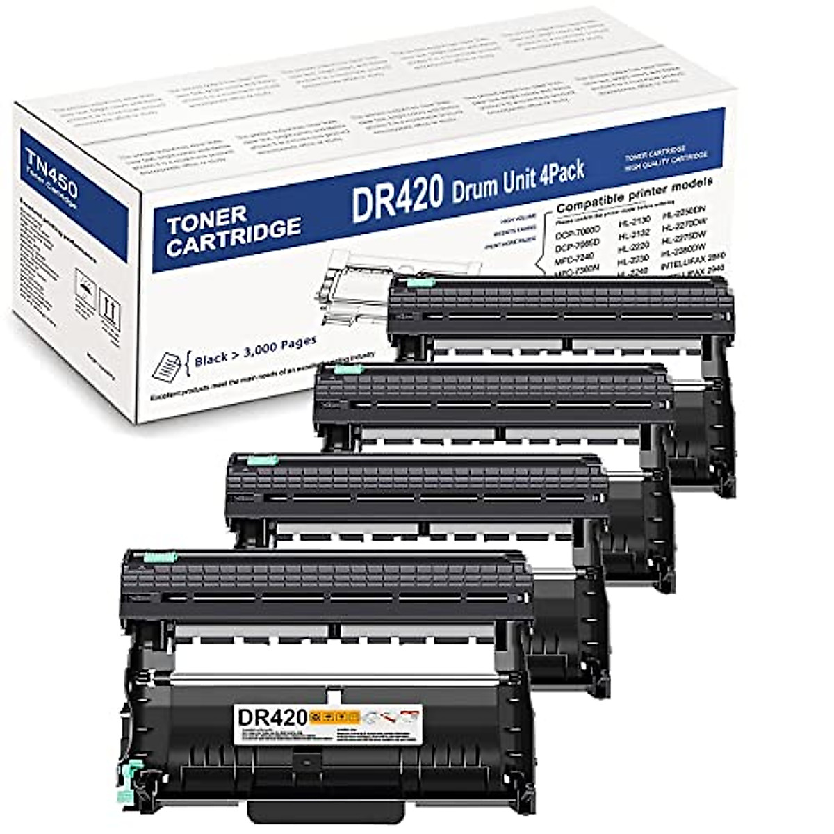 TonerPlusUSA Compatible Drum DR420 for TN450 Toner Cartridge – DR 420 for TN 450 DR-420 for TN-450 High Yield Drum Cartridge Replacement for Brother Laser Printer – Black [4 Pack]