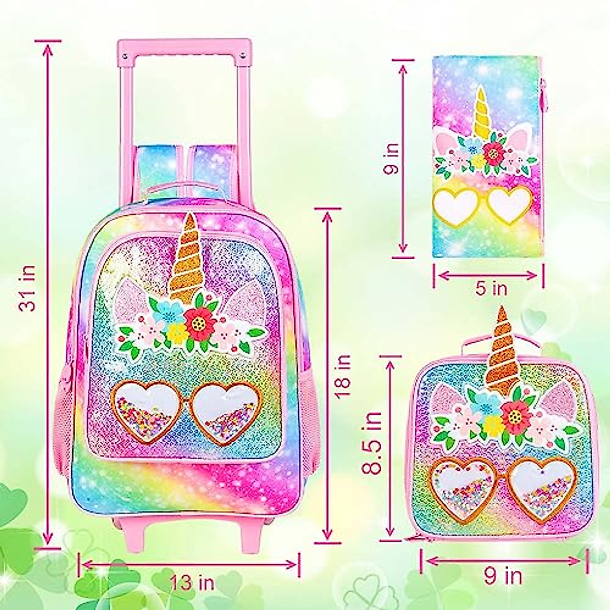 ZLYERT 3PCS Rolling Backpack for Girls, Unicorn Roller School Bag with Wheels for Kids, Wheeled Bookbag with Lunch Box for Children - Pink