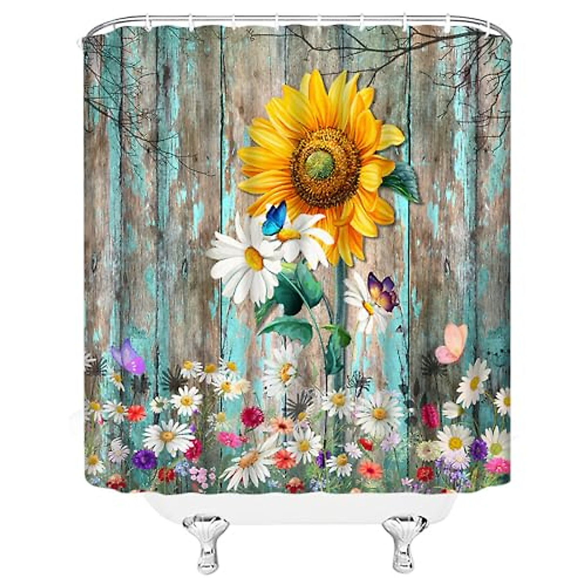JOFKAXU Rustic Sunflower Shower Curtain Vintage Barn Door Floral Plant Flower Butterfly Farmhouse Retro Teal Wooden Board Country Bath Curtain with Hook