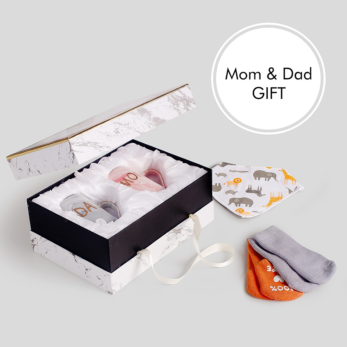 New Parents Pregnancy Gifts for First Time Moms and Dads Includes Premium Gift Basket with Mom and Dad Mugs 14 oz - Expecting Mother to be - Welcome Baby Shower Gender Reveal