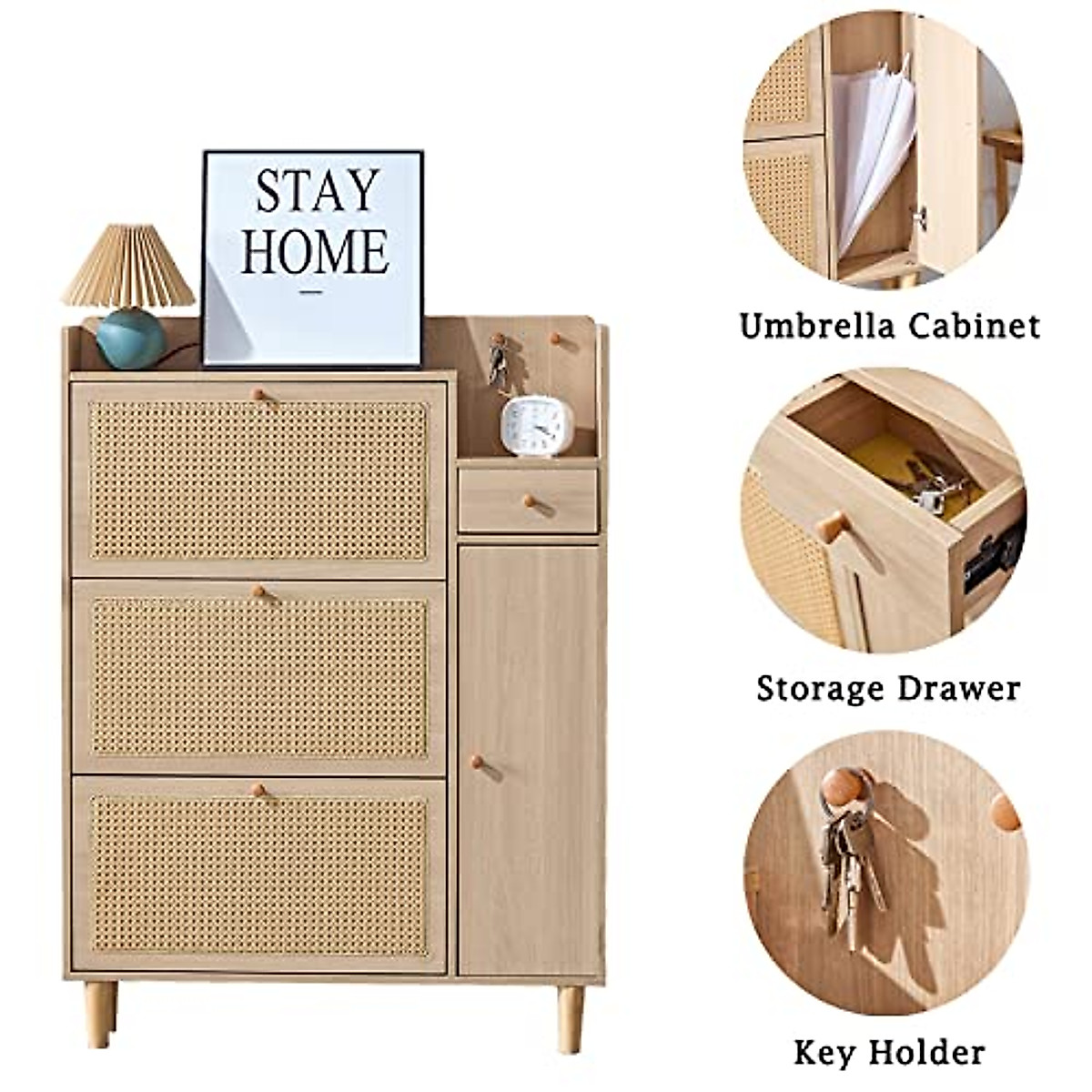 Wekity Shoe Storage Cabinet, Slim Shoe Cabinet for Entryway with 3-Tier Narrow & Storage Drawer, Rattan Shoe Cabinet with Door, Free Standing Wooden Shoe Cabinet for Entryway Hallway Doorway