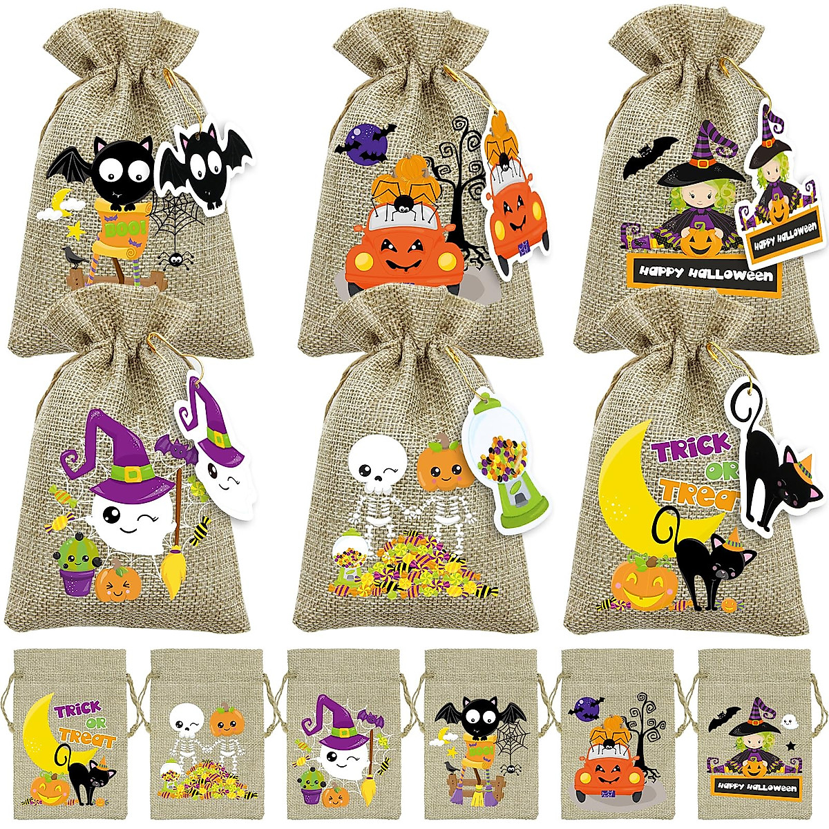 WorldBazaar Halloween Burlap Candy Bags 24PCS Halloween Burlap Treat Bags 4“ X 6” Halloween Linen Goodie Bags Wrapping Decorative Bags for Halloween Party Favors