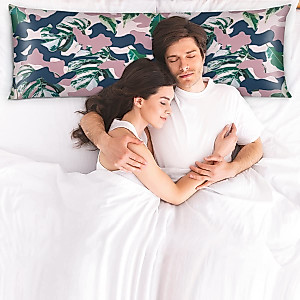 Camouflage Tropical Leaves Satin Body Pillow Pillowcase for Hair and Skin Military Camo Long Body Pillow Case Cover 21x54 Soft Breathable Body Pillow Cases