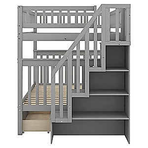 CITYLIGHT Full Over Full Bunk Beds with Stairs,Wood Full Bunk Beds with 2 Storage Drawers, Bunk Bed Full Over Full Size for Kids,Teens, Adults, No Box Spring Needed, Grey