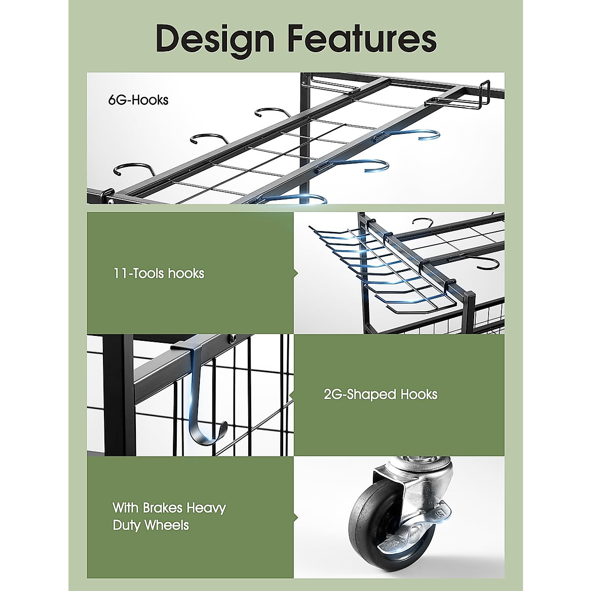 Heavy-Duty Garden Tool Organizer for Garage with 2 Stair-Climbing Wheels, Lawn & Yard Tool Storage Rack, Garage Tool Cart with Lockable Wheels, Outdoor Garden Tool Storage for Sheds