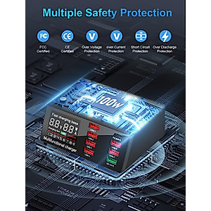 WANLONGXIN 100W 8-Port USB Qi Wireless Charging Station, QC3.0/PD Fast Charge for Phones Tablets USB Tools, Multi-Device Smart IC Desktop Organizer Hub