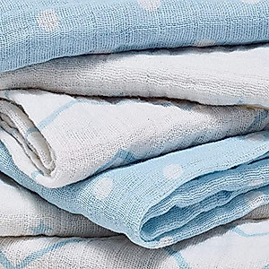 Bloomsbury Mill - Pack of 6 Super Soft Muslin Receiving Blankets - 100% Certified Organic Cotton in Gifting Ribbon Stars, Chevrons & Polka Dots Designs - Blue & White - 28" x 28"