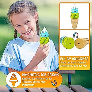 Bravmate Wooden Montessori Toys for 1 2 3 Years Old Kids, Realistic Burger & Ice Cream Toy, Stacking & Pretend Play for Little Chef, Preschool Play Fake Food Games, Educational Fine Motor Skills Toys