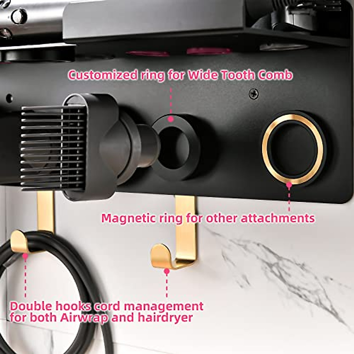 Airwrap Holder for Dyson Wall Mount Holder for Dyson Hair Dryer Airwrap Hair Styler, 2in1 Dyson Airwrap Holder Dyson Hair Dryer Stand to Organize 5 Dyson Blow Dryer Attachments Black, Uemusi