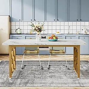 Tribesigns Dining Table, 63-inch Modern Marble Dining Room Table for 6 People, Rectangular Kitchen Table with Gold Metal Frame for Kitchen, Dining Room (White and Gold)