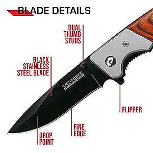 TAC FORCE Spring Assisted Folding Pocket Knife – Black Stainless Steel Drop Point Blade, Brown Wood Handle with Stainless Steel Bolster, Pocket Clip, Tactical, EDC, Rescue - TF-469