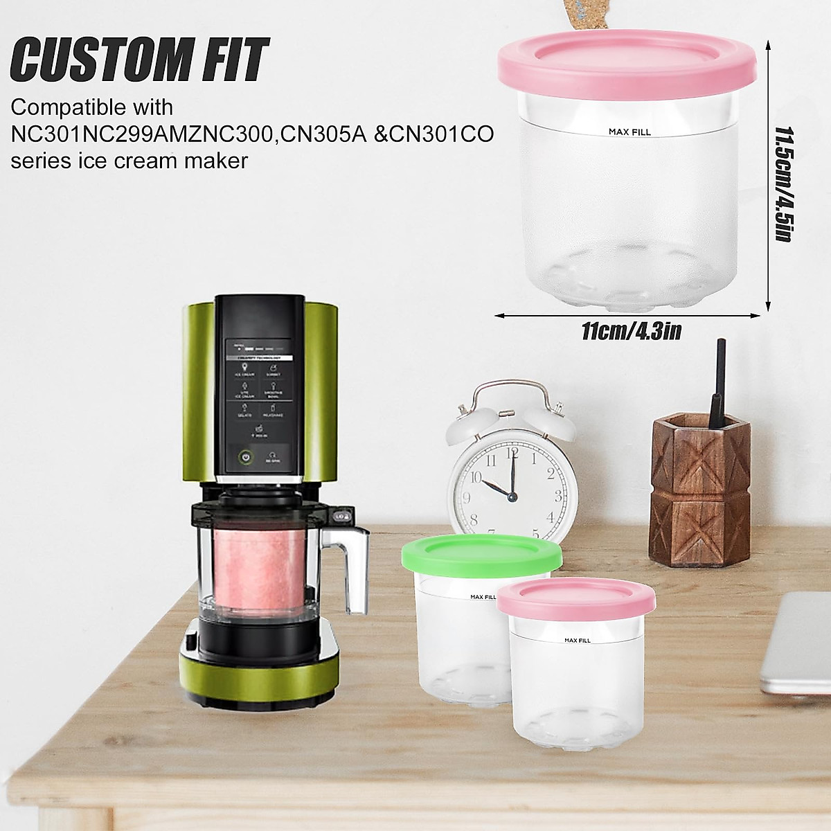 2pcs Replacement Containers for Ninja Creami Pints and Lids, Reusable Ice Cream Containers with Lids Creami Containers Compatible with NC301 NC300 NC299AMZ Series Ice Cream Maker (Pink, Green)