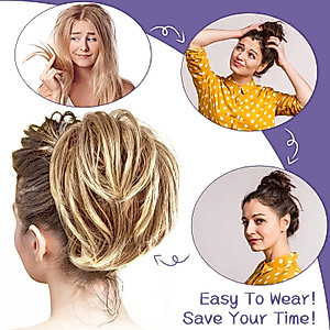 WILLBOND 4 Pcs Messy Hair Bun Hairpiece Tousled Updo for Women Hair Extensions Straight Short Ponytail Elastic Scrunchies Curly Hair Accessories (Honey Blonde mix Bleach Blonde/27T613, Basic Style)