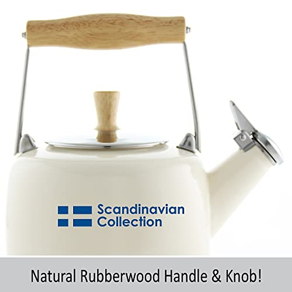 Chantal SVEN Enamel on Steel Whistling Teakettle with Natural Wood handle, 1.4 quarts, Almond