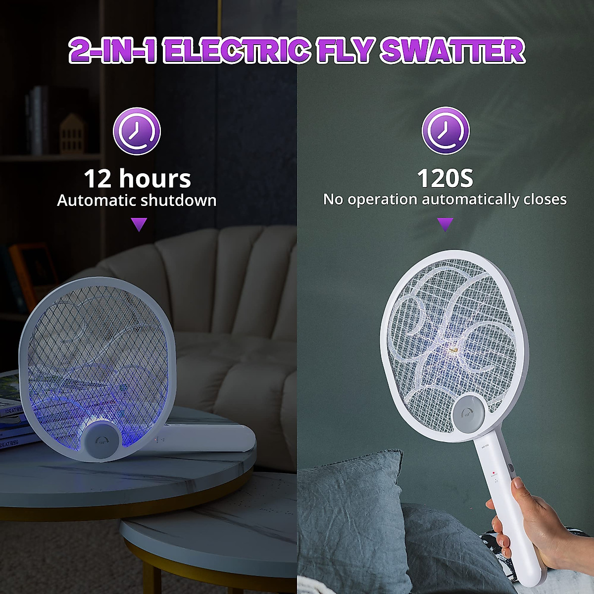 POWIFY 2 in 1 Foldable Electric Fly Swatter, USB Rechargeable Bug Zapper Racket with UV Light, 3 Layers Mesh Mosquito Swatter for Mosquito Fly Gnat Wasp (1 Pack)