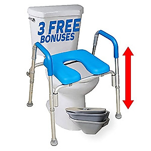 Ultimate Raised Toilet Seat with Handles, Padded, Armrests, Adjustable Height, Premium Elevated Toilet Seat for Elderly Bathroom Safety with Arms, Standard and Elongated Toilets, Blue