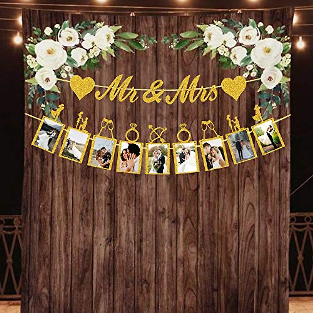 Wedding Decorations,Mr & Mrs Banner and Photo Banner with Picture Card Frames for Wedding/Engagement/Anniversary Party Decorations(Gold Glitter)