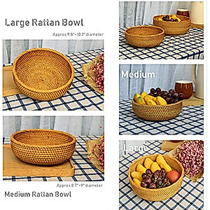 AMOLOLO Hadewoven Round Rattan Fruit Basket Wicker Food Tray Weaving Storage Holder Dinning Room Bowl, 10 Inch Woven Bread Basket Key Bowls with 4”Wall for Table, Countertop (Large 9.8")