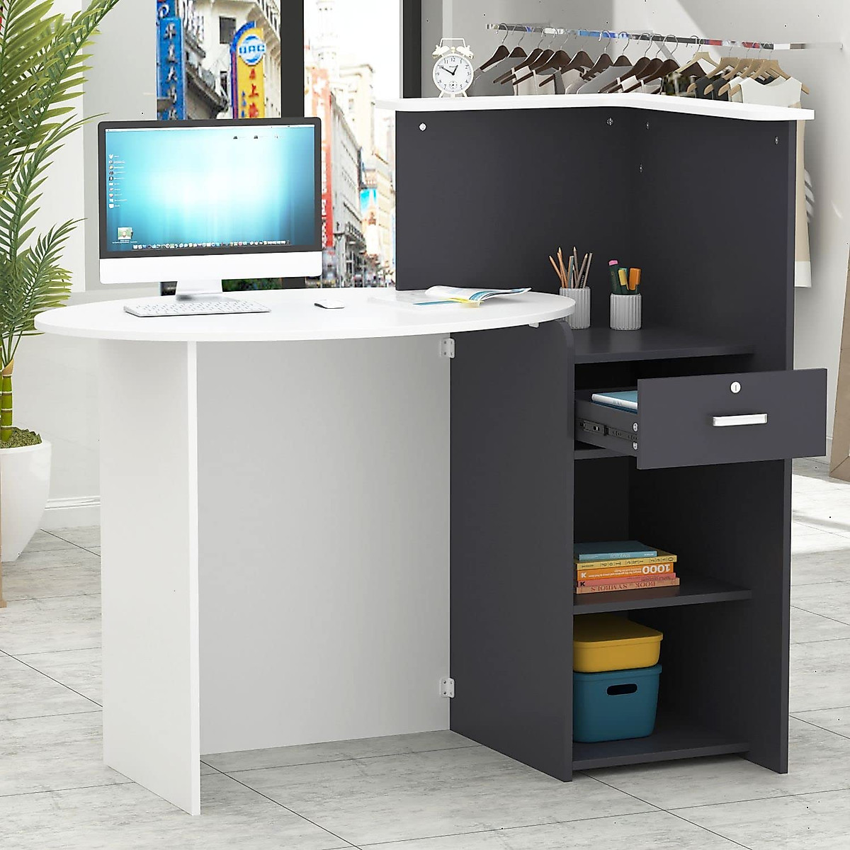 DiDuGo Reception Counter Desk Retail Front Reception Desk for Checkout, Round Desktop, Open Shelves, Lockable Drawer, for Salon White and Dark Grey