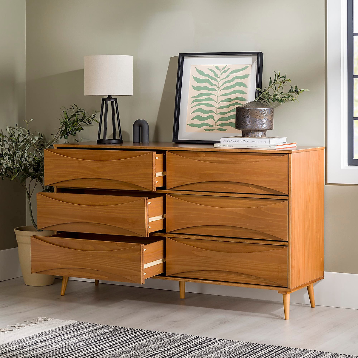 Walker Edison Lowry Mid-Century Modern Detailed-Drawer Solid Wood Dresser, 59 Inch, Caramel