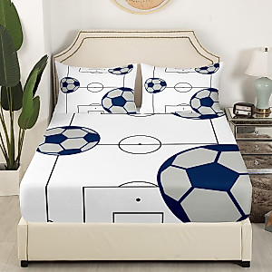jejeloiu Football Sheet Set Queen Size Kids Football Court Sheets with Deep Pocket Fitted Sheet for Boys Girls Teens Soccer Ball Pattern Bed Sheets Set Breathable Sports Theme Bedding Set Room Decor