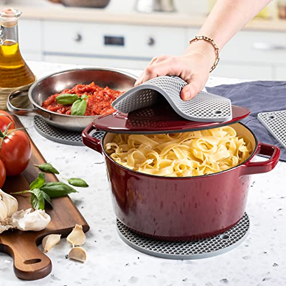 Gourmanity Cook 4 Pack, Silicone Trivet Set | Heat-Resistant Mats for Countertops | Grey Silicone Hot Pads for Kitchen | Non-Slip Silicone Trivets for Hot Pots & Pan