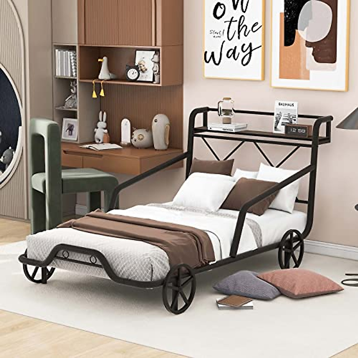 Twin Size Metal Platform Bed Frame with 4 Wheels and Storage Shelf, Car-Shaped Metal Bed with for Kids Teens Boys Girls, No Box Spring Needed, Under Bed Storage (Black)