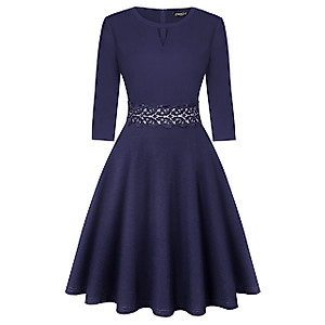 OWIN Women's Vintage Floral Flared A-Line Swing Casual Crew Neck 3/4 Sleeve Party Dresses with Pockets Navy S