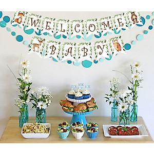LAVVICHA Baby Shower Welcome Baby Banner Woodland Animal Jungle Theme Bunting Party Boys Girls Baby Shower Decorations (Green)