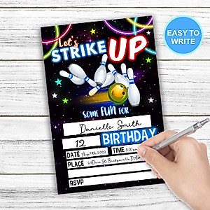 Let's Strike Up Birthday Invitations, Neon Bowling Vintage Birthday Party Invites For Kids Adults Birthday Party And Events Supplies, 20 Fill-In Invites Cards With Matching Envelopes（YQK-B14）