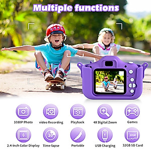 Kids Camera for Girls and Boys, Upgrade HD Digital Camera with Soft Silicone Cover, Toddler Camera Birthday Gifts Toys for Age 3 4 5 6 7 8 9 10 11 12,32GB SD Card,Video Recorder 1080P