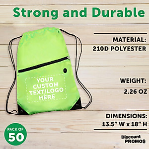 Discount Promos Custom Drawstring BackPacks with Pocket Set of 50, Personalized Bulk Pack - Water Resistant, Perfect for Gym, Camping, Beach, Outdoor Sports - Lime Green