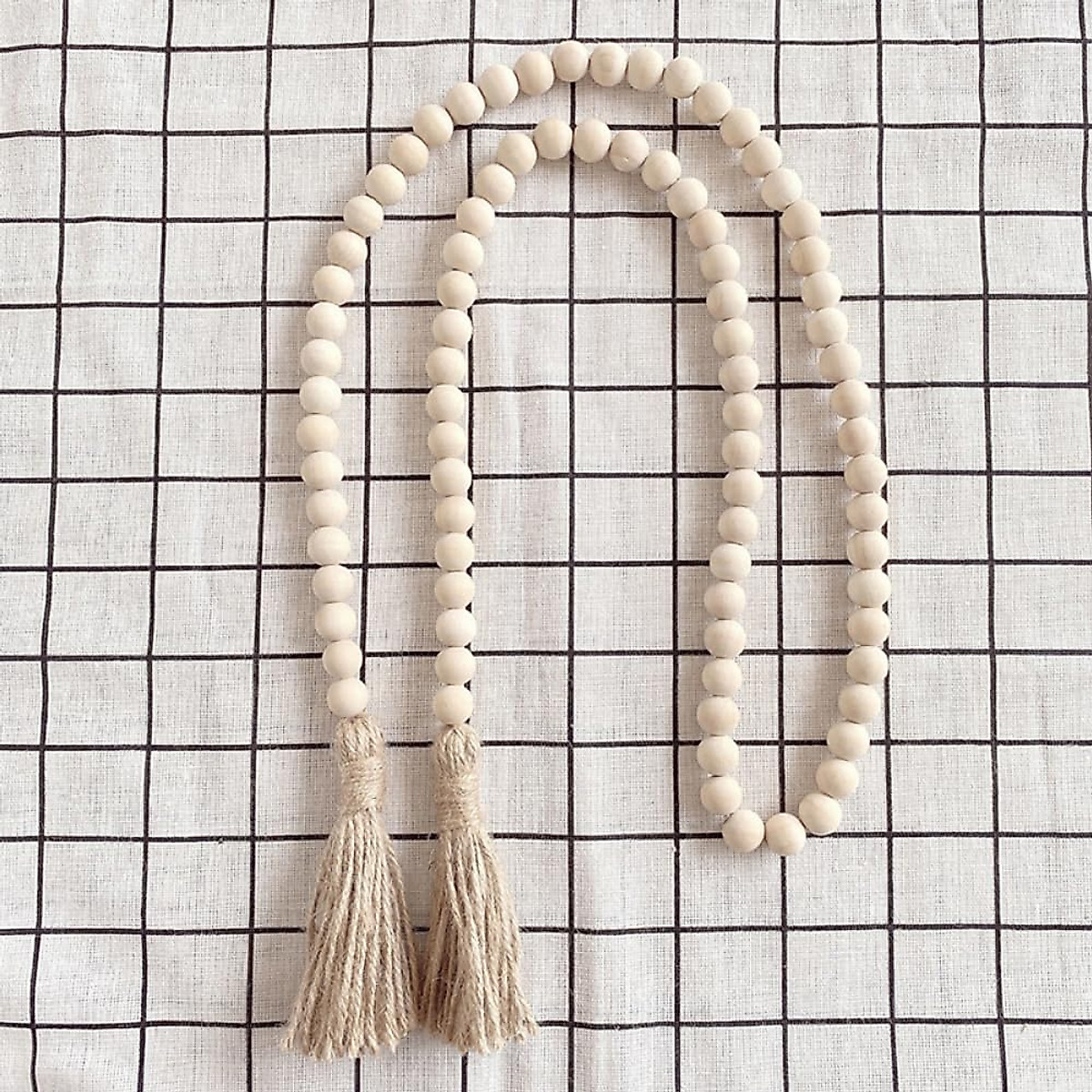 Vawolecy Farmhouse Beads 58in Wood Bead Garland with Tassels, Natural Rustic Country Home Decor Prayer Boho 84 Beads Garland for Tiered Tray Xmas Wall Table Decor