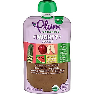 Plum Organics | Mighty Veggie Blends | Organic Baby Food Meals [12+ Months] | Zucchini, Apple, Watermelon & Barley | 4 Ounce Pouch (Pack Of 12)