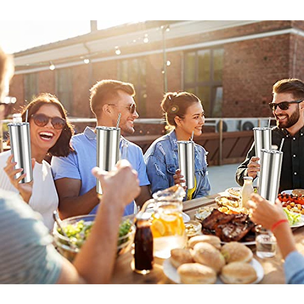 Cosictic 20 Oz Skinny Tumbler Set of 4, Slim Insulated Stainless Steel Travel Tumbler with Lid and Straw, Skinny Water Tumbler for Diy Birthday Gift, Silver