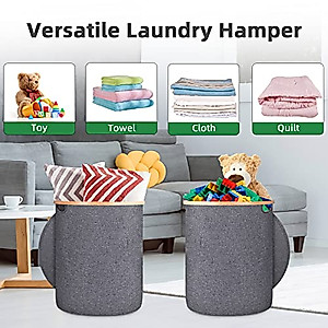 SUPDEJA 90L Laundry Hamper with Lid - Large Laundry Basket with Bamboo Handles, Dirty Clothes Hamper for Laundry, Oxford Tall Round Laundry Baskets for Bathroom and Bedroom