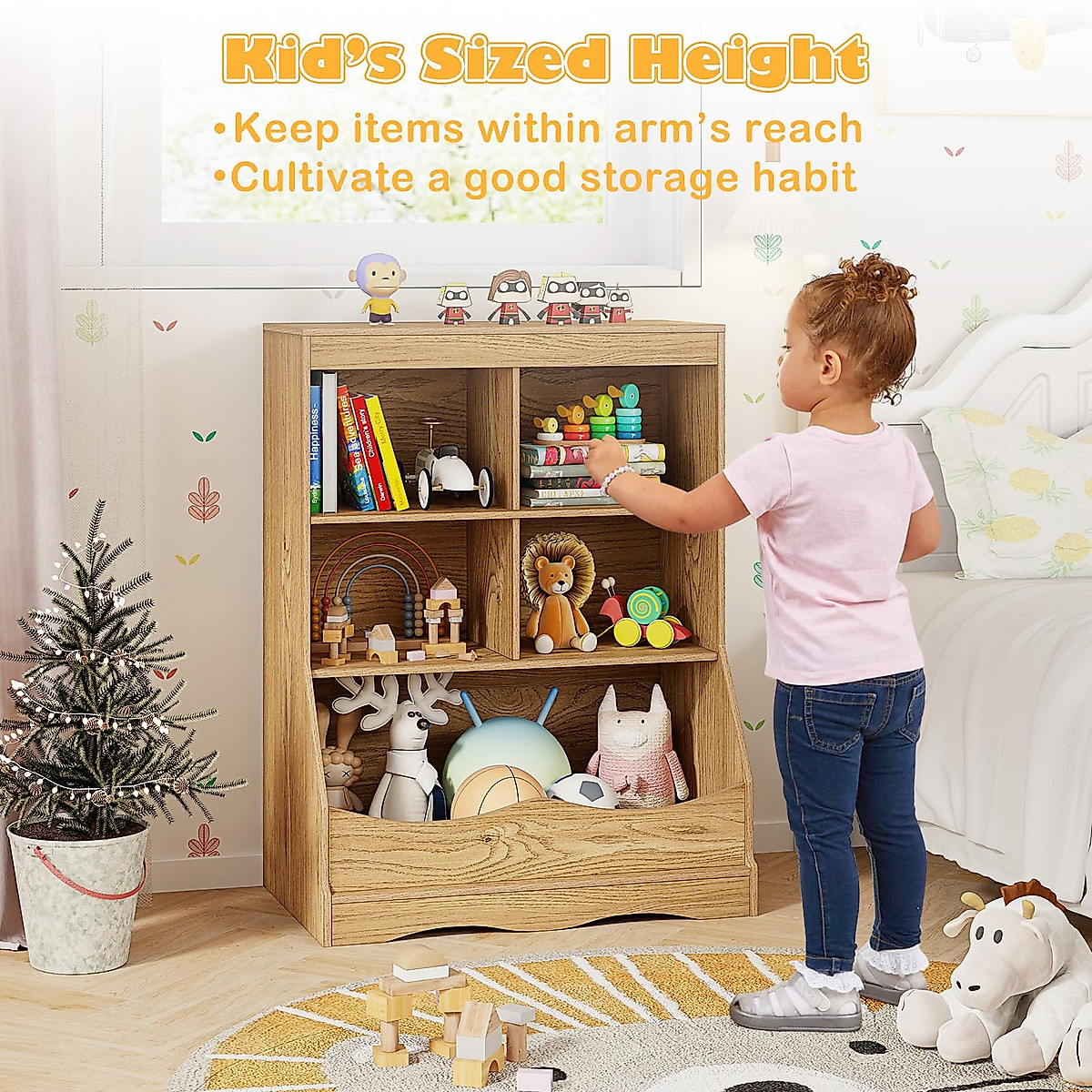 Costzon Toy Storage Organizer, 5-Cubby Kids Bookshelf with Footboard and Anti-Tipping Devices, 3-Tier Childrens Bookcase, Montessori Book Shelf for Kids Room, Playroom, Nursery, Daycare, Classroom