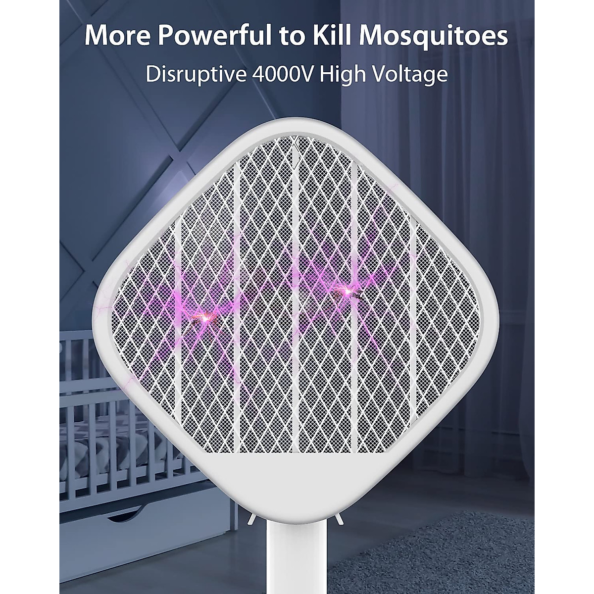 Electric Fly Swatter Foldable, Powerful 4000V Bug Zapper Racket, Mosquito Killer w/Purple Light, Rechargeable 1200mAh Insect Killer, 3-Layer Safe Design, Hanging Standing Portable for Indoor Outdoor